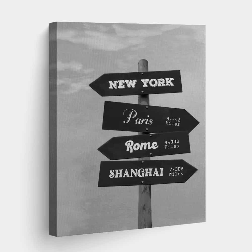 Custom Travel Signpost Canvas Print With Destination Cities | 365Canvas