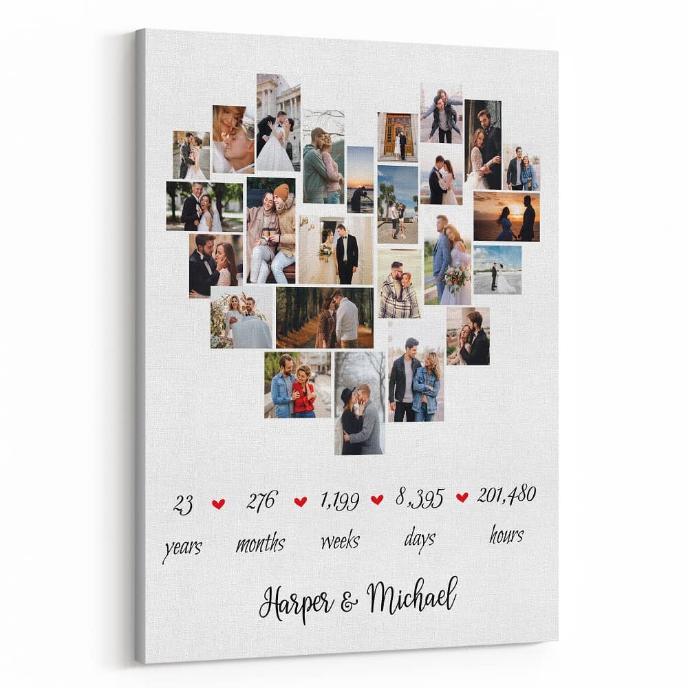 23rd Anniversary Heart-Shaped Photo Collage Canvas Print - 25 Photos ...
