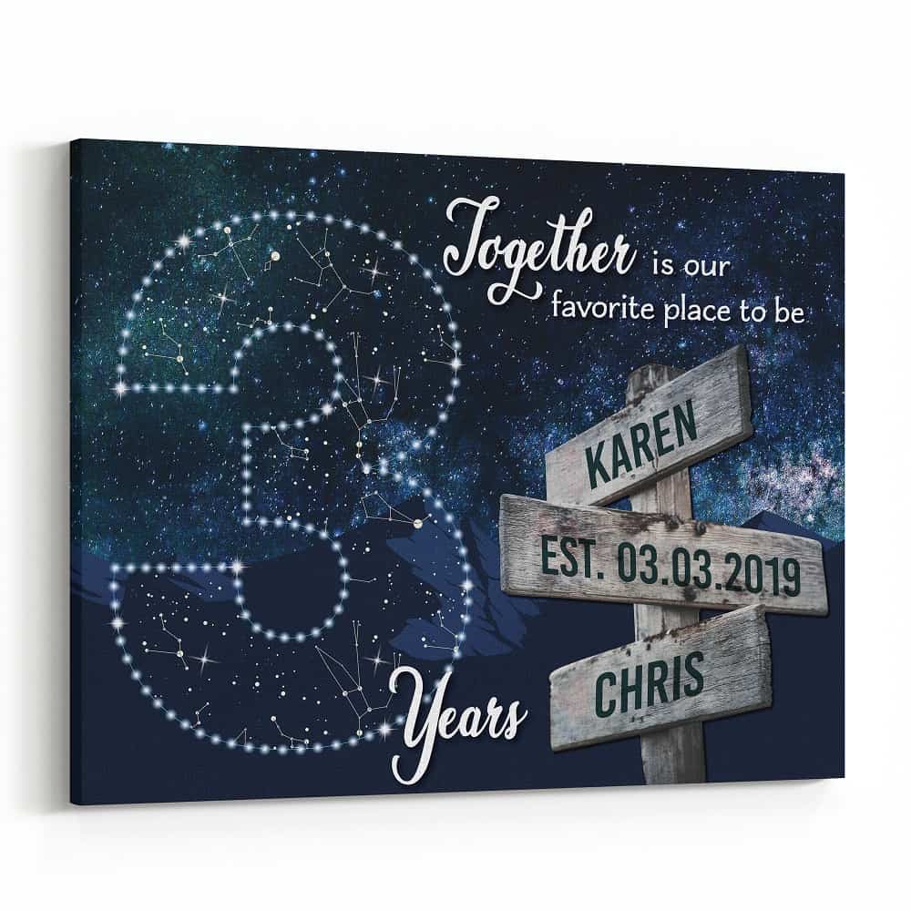 3 Years Together Star Map Street Sign Names Canvas Gift | 365Canvas