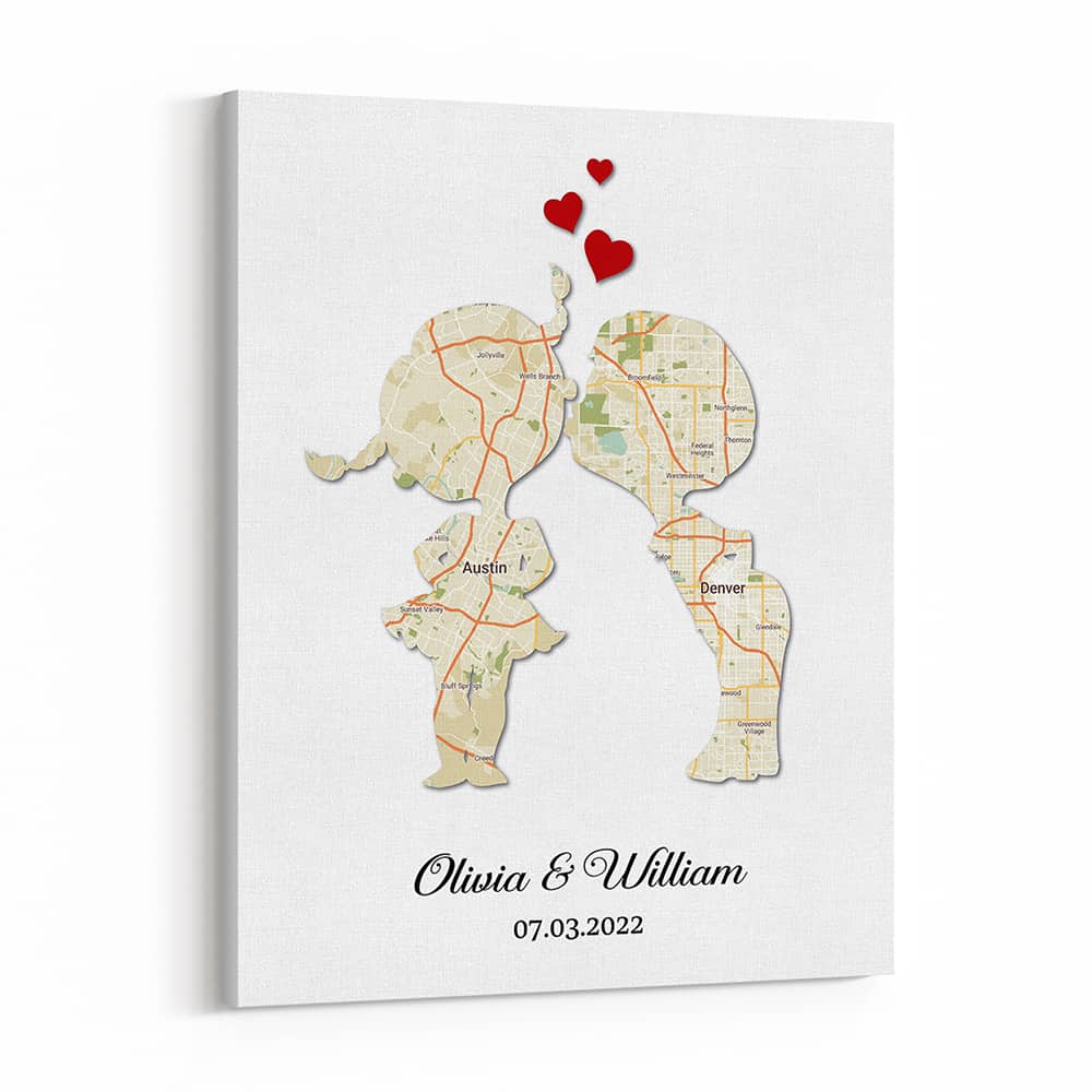 Kissing Couple Custom Map Canvas Print | 365Canvas