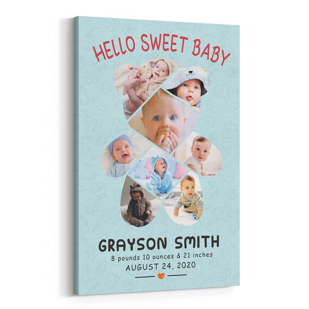 “Hello Sweet Baby” Custom Birth Stats Photo Canvas Print | 365Canvas