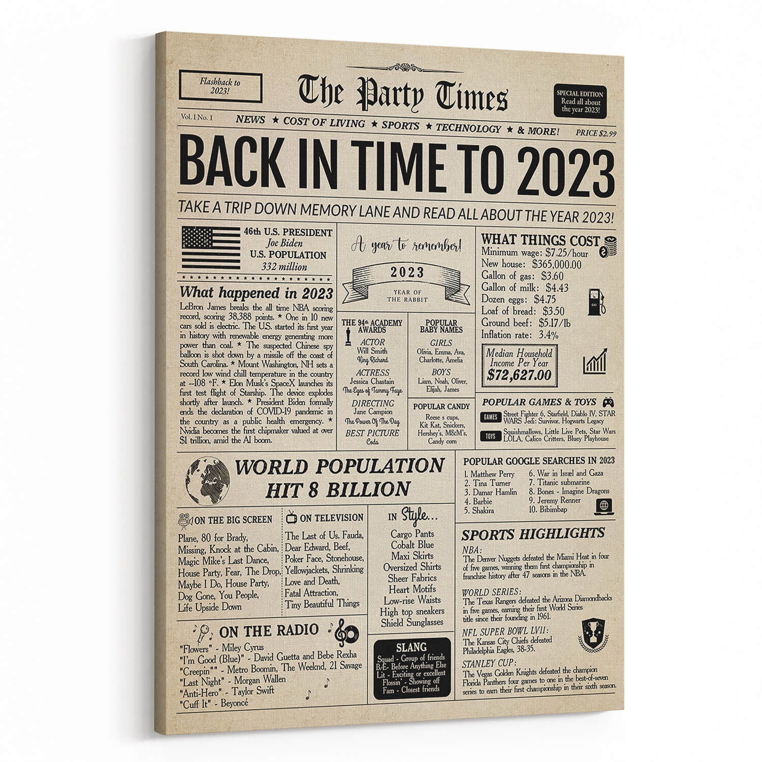 Back In 2023 1st Birthday Newspaper Canvas Print | 365Canvas