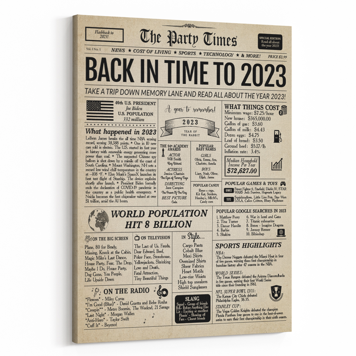 Back In 2023 1st Birthday Newspaper Canvas Print | 365Canvas