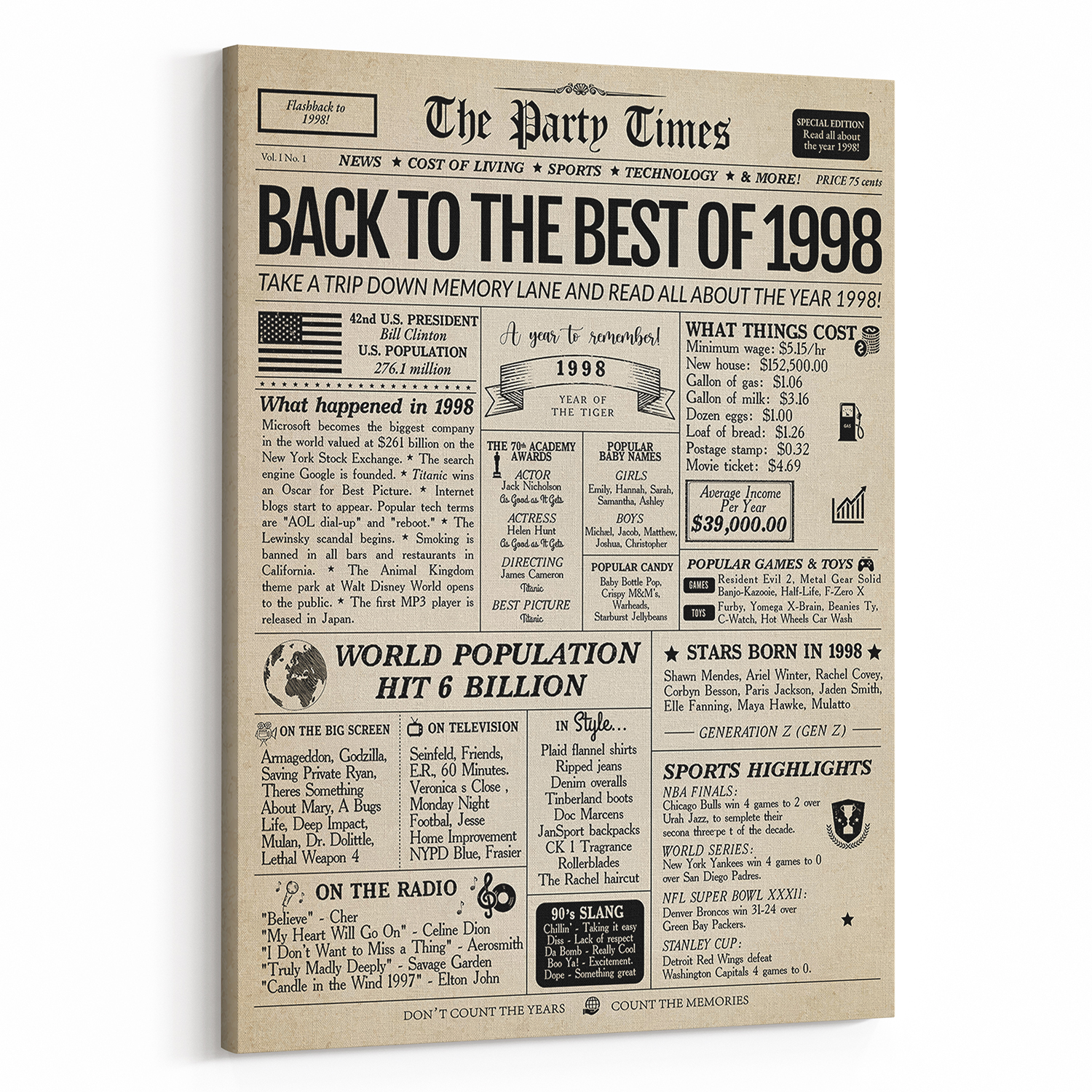 Back In 1998 26th Birthday Newspaper Canvas Print | 365Canvas