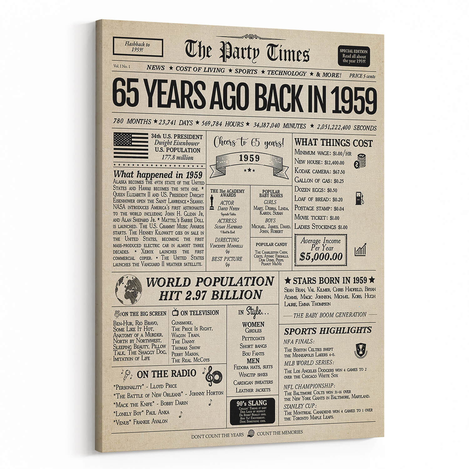 Back In 1959 65th Birthday Newspaper Canvas Print | 365Canvas
