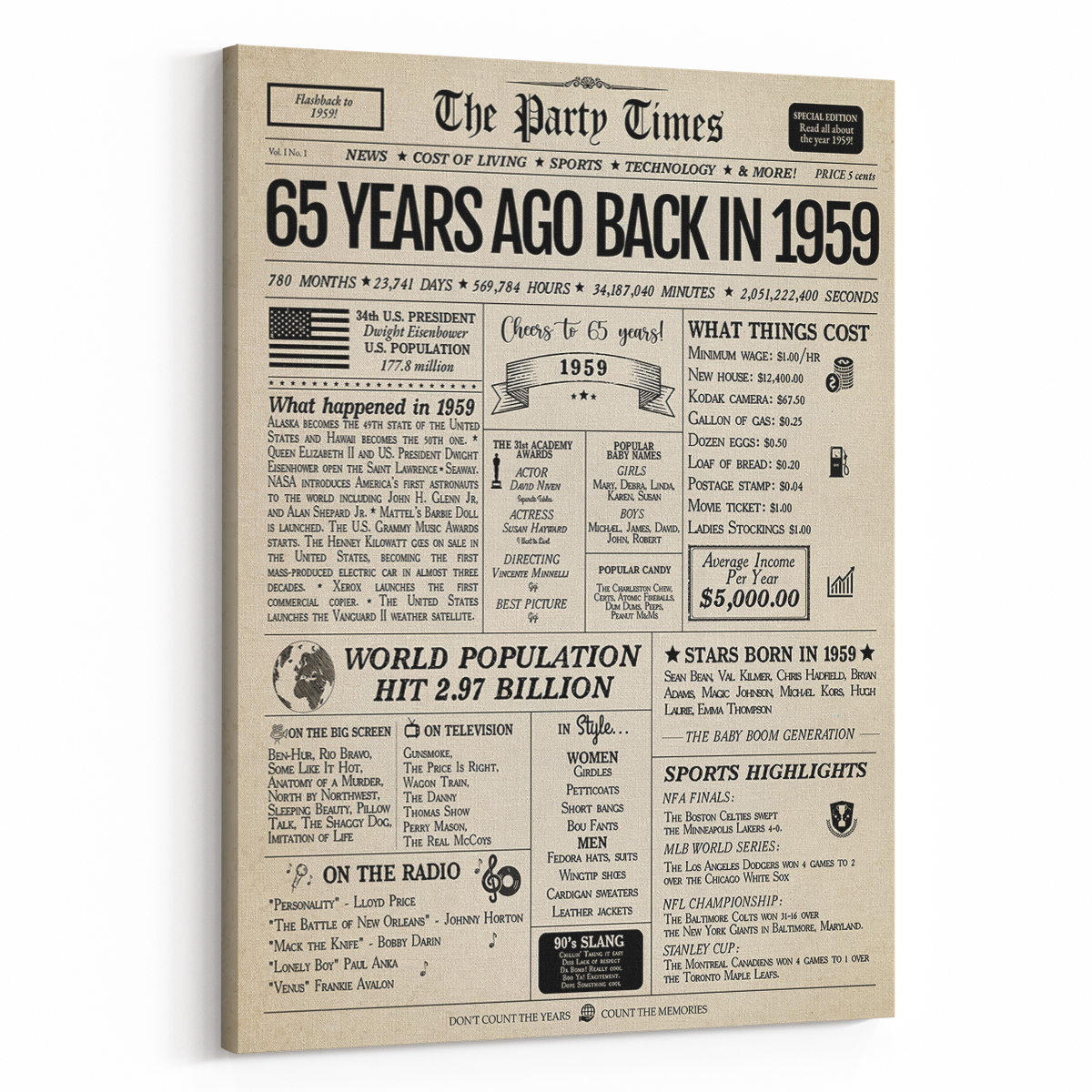 Back In 1959 65th Birthday Newspaper Canvas Print | 365Canvas