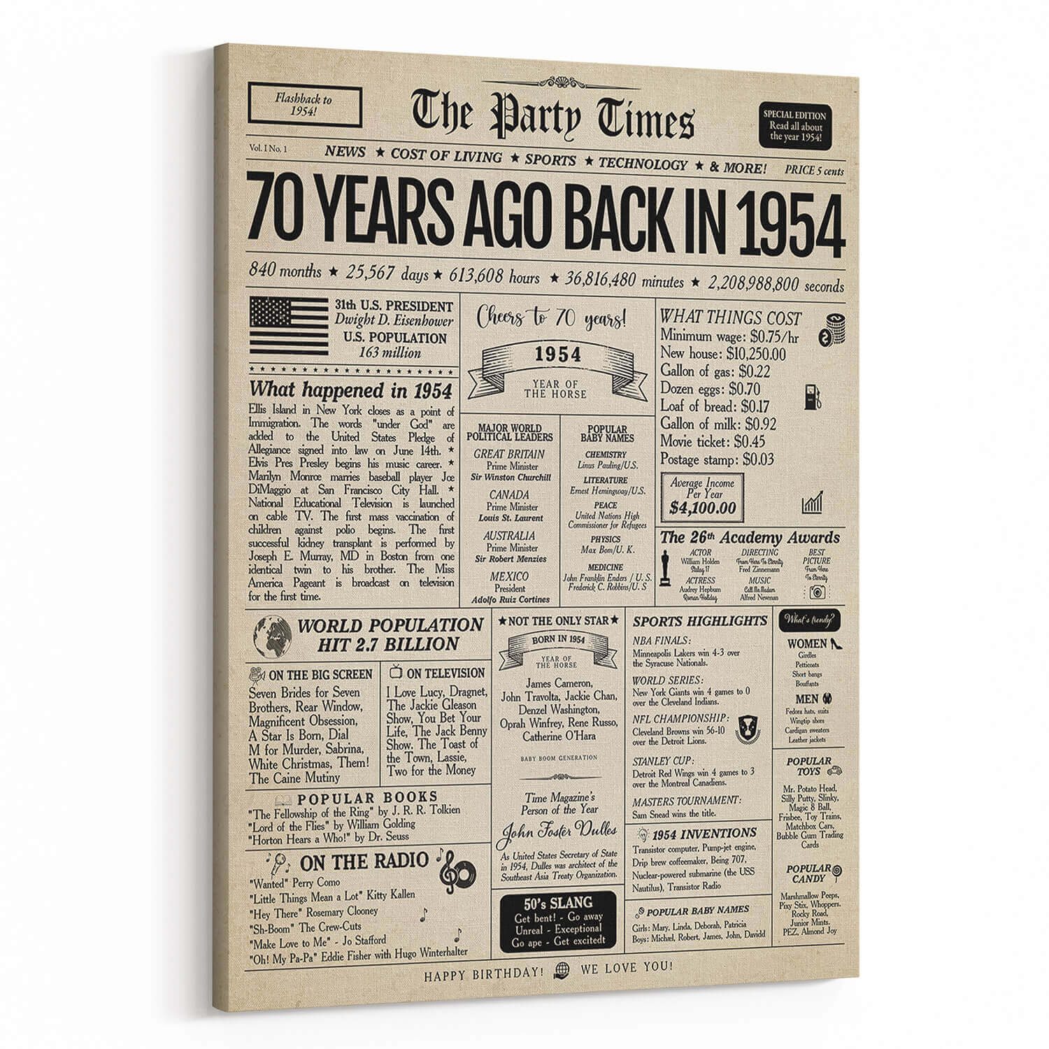 Back In 1954 70th Birthday Newspaper Canvas Print | 365Canvas