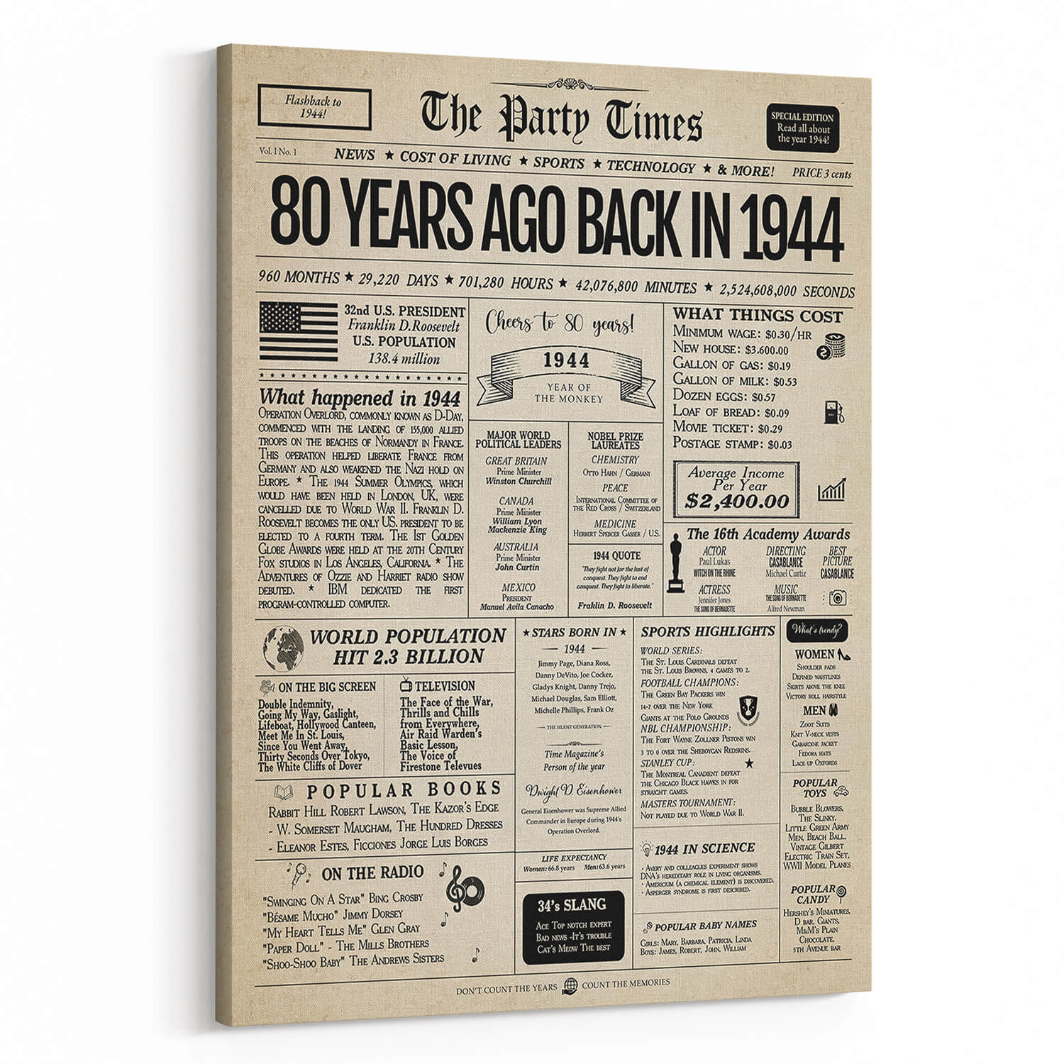80th Birthday Poster Back In 1944 80th Birthday Newspaper 80th/80th ...