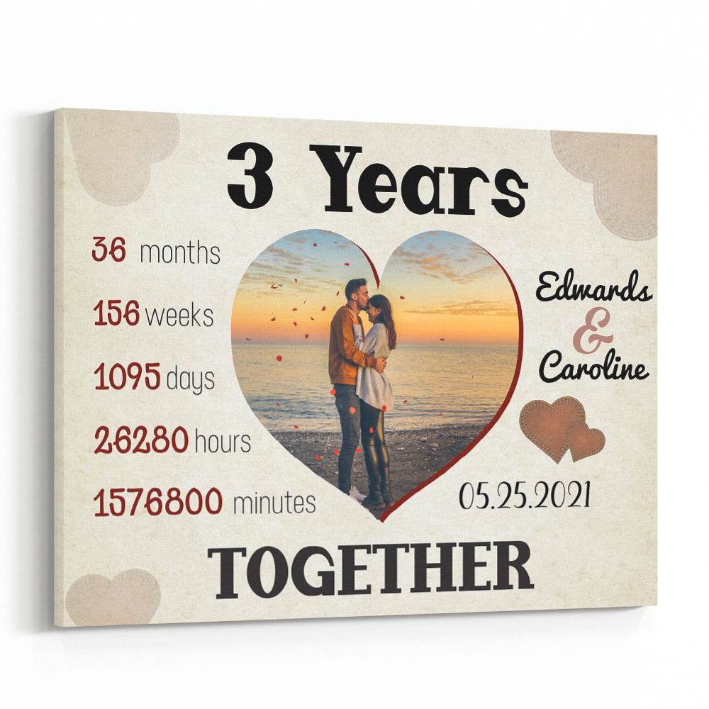 3 Years Together Heart-Shaped Custom Canvas Print | 365Canvas