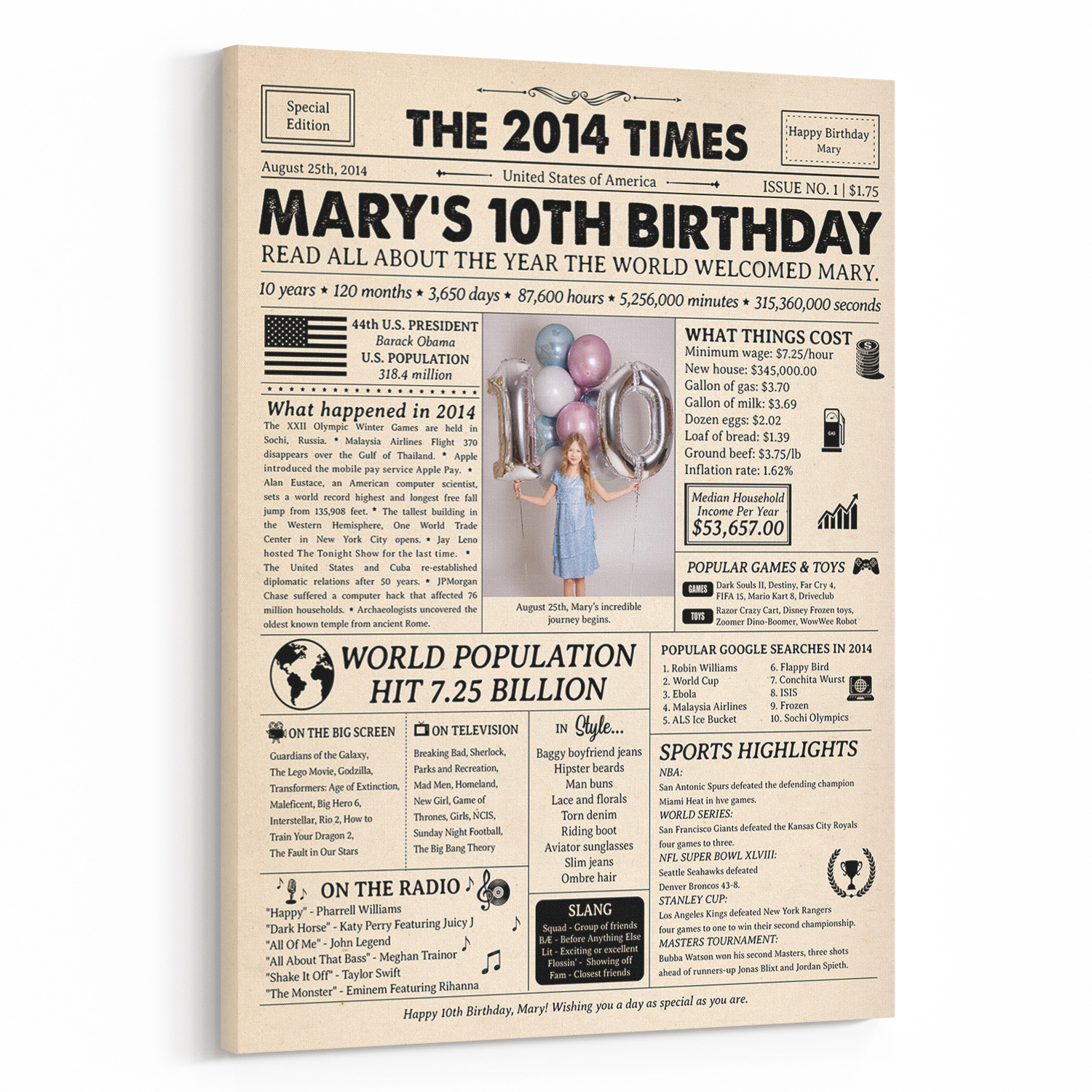 10th Birthday Gift for Kid: 2014 Birthday Newspaper Canvas | 365Canvas