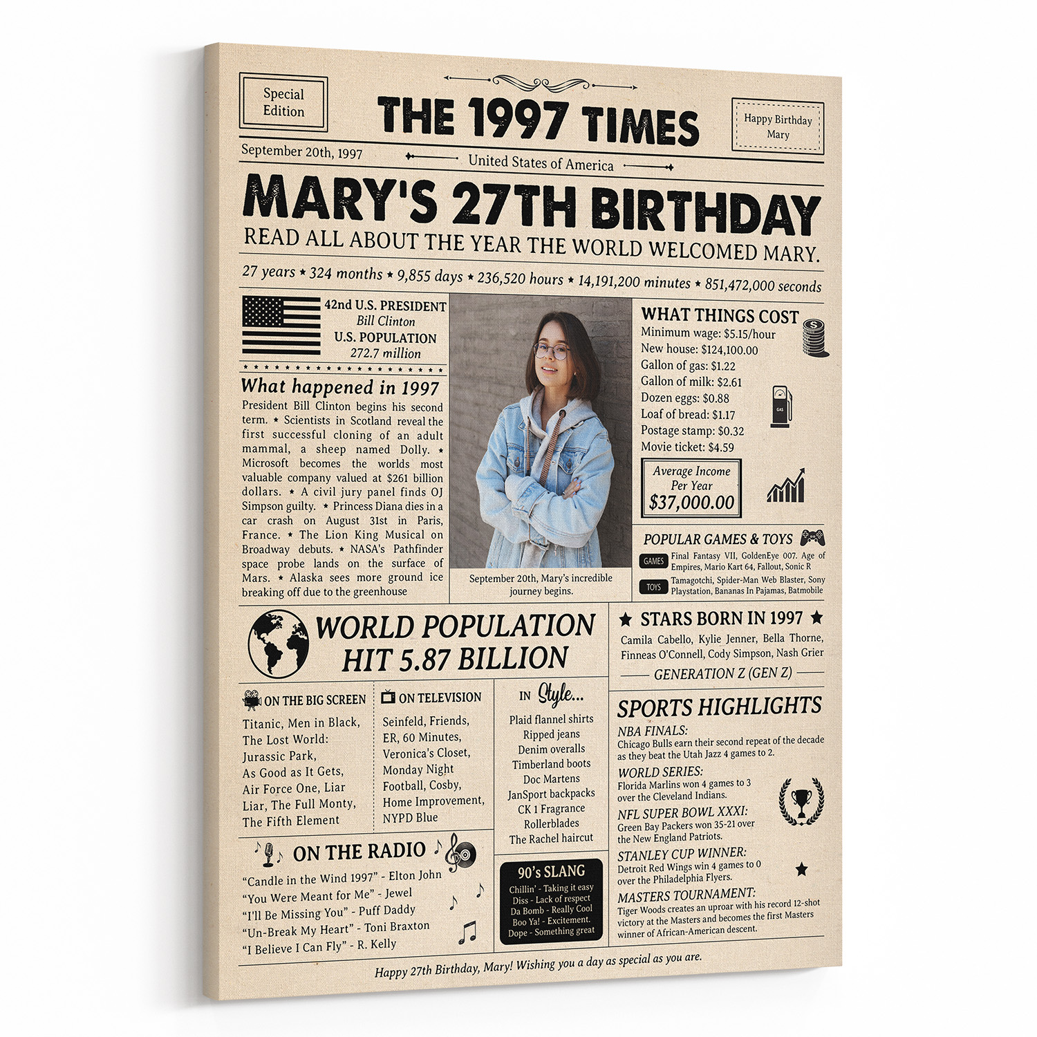27th Birthday Gift: 1997 Birthday Newspaper Canvas | 365Canvas