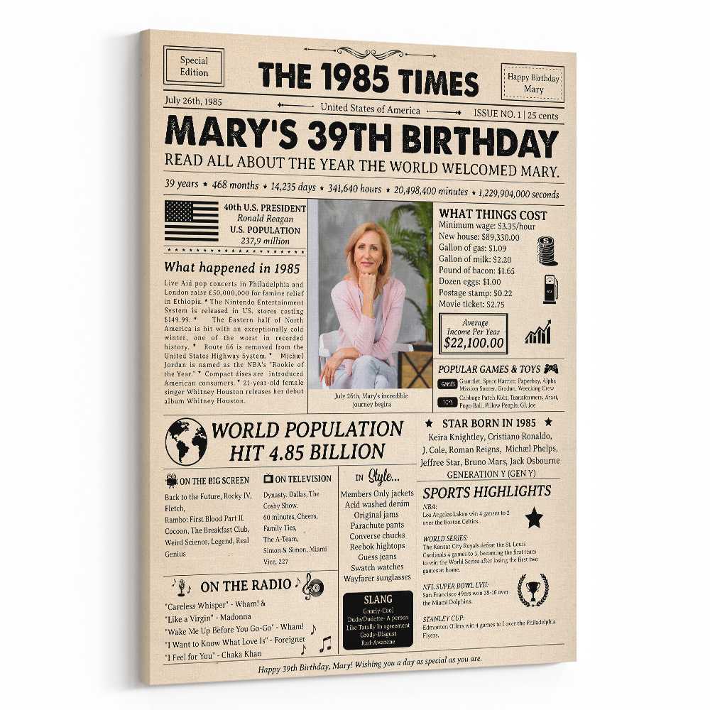 39th Birthday Gift: 1985 Birthday Newspaper Canvas | 365Canvas