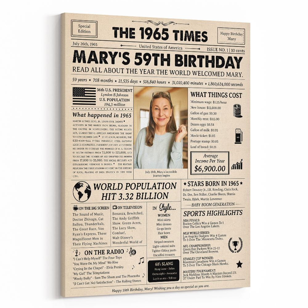 59th Birthday Gift: 1965 Birthday Newspaper Canvas | 365Canvas