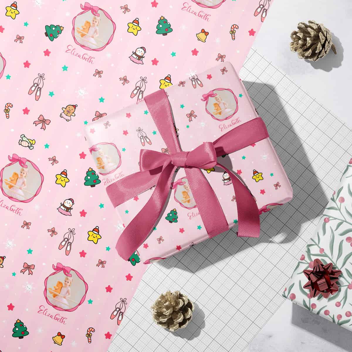 Personalized Baby Girl Pink Ballerina Christmas Tree Wrapping Paper ...