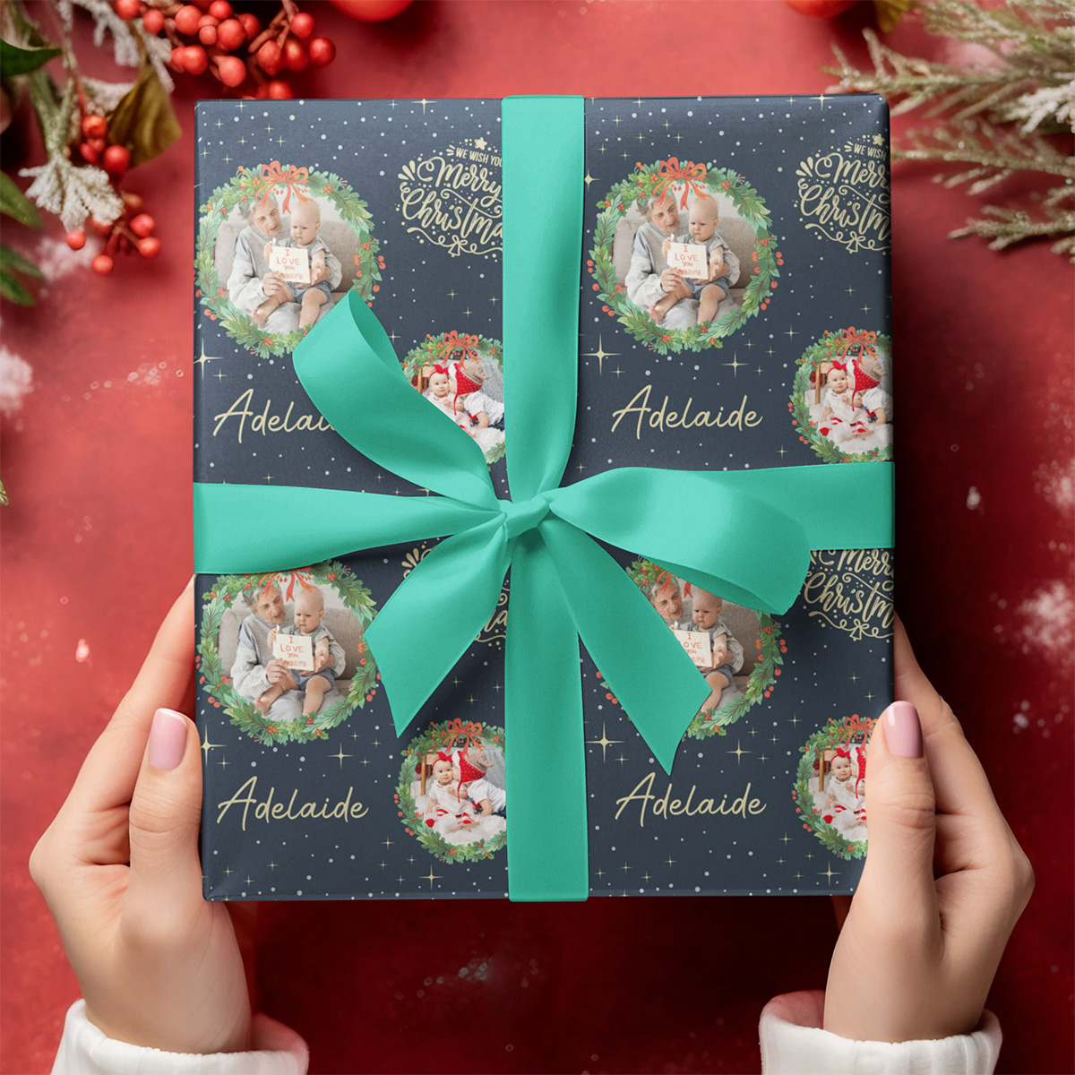 Personalized Photos Grandma Red Christmas Wrapping Paper | 365Canvas