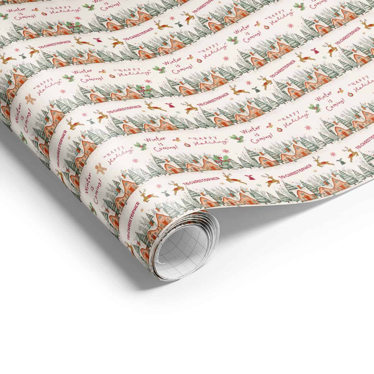 Custom Name White Winter Snowtown Christmas Wrapping Paper | 365Canvas